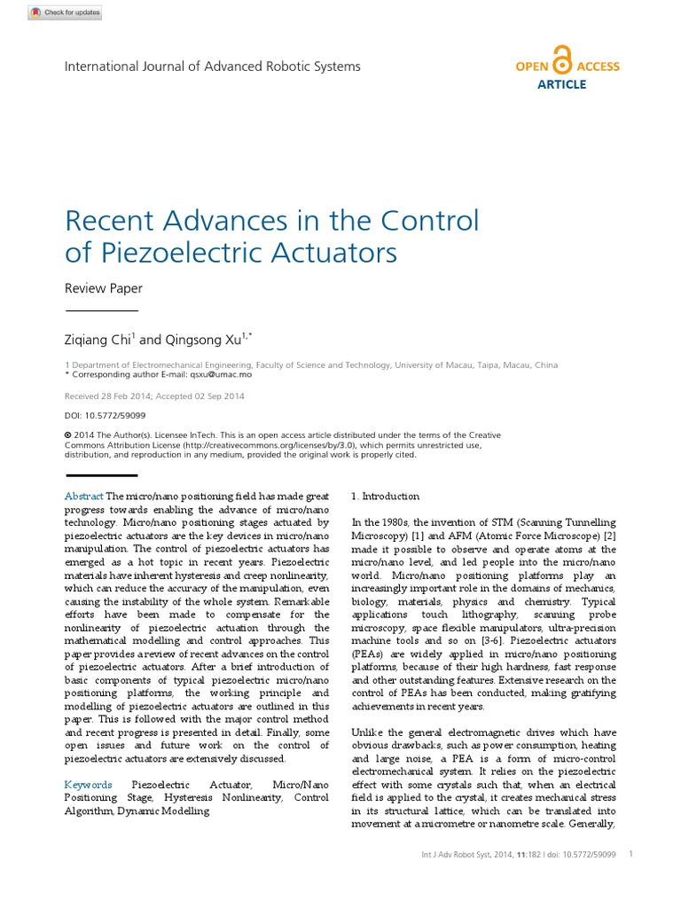 Recent Advances In The Control Of Piezoelectric Actuators International Journal Of Advanced