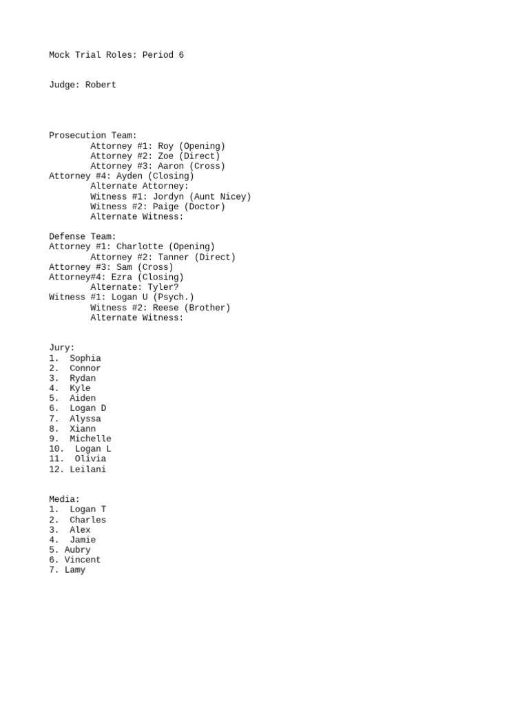 Mock Trial Roles - Period 6 | PDF