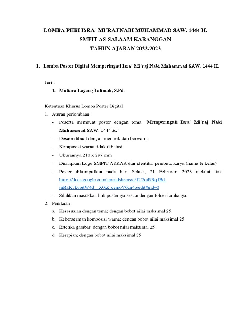 Juknis Dan Penilaian POSTER, Adzan Maghrib, Kulma PHBI Isra' Mi'Raj ...