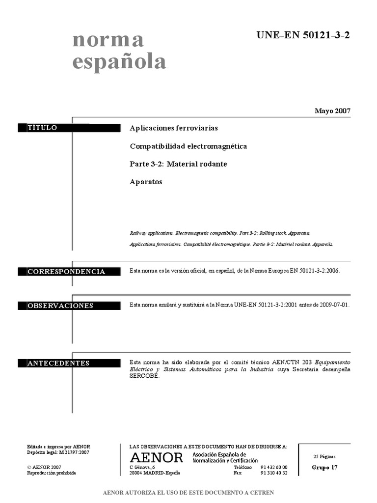 Une-En 50121-3-2 2007 | PDF | Compatibilidad electromagnética ...
