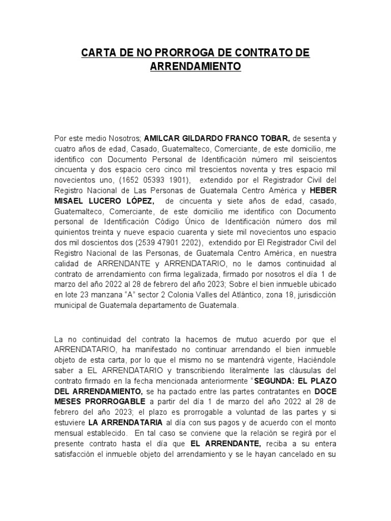 Modelo De Prorroga De Contrato Comercial