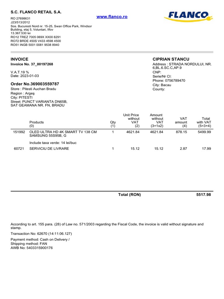 Invoice Ciprian Stancu: WWW - Flanco | PDF