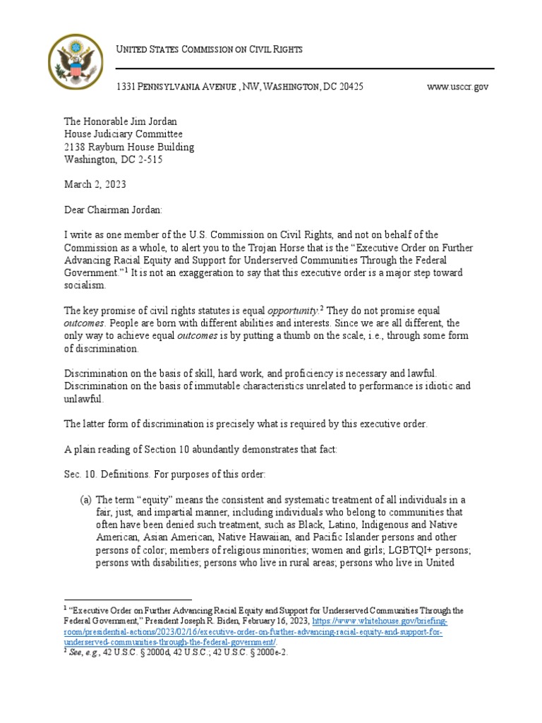 Letter To Judiciary Jordan Re Equity Executive Order 3.2.2023 | PDF ...
