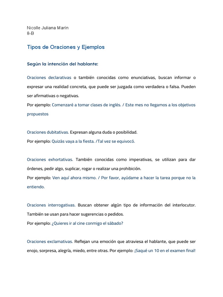 Tipos de Oraciones | PDF | Oración (Lingüística) | Predicado (Gramática)