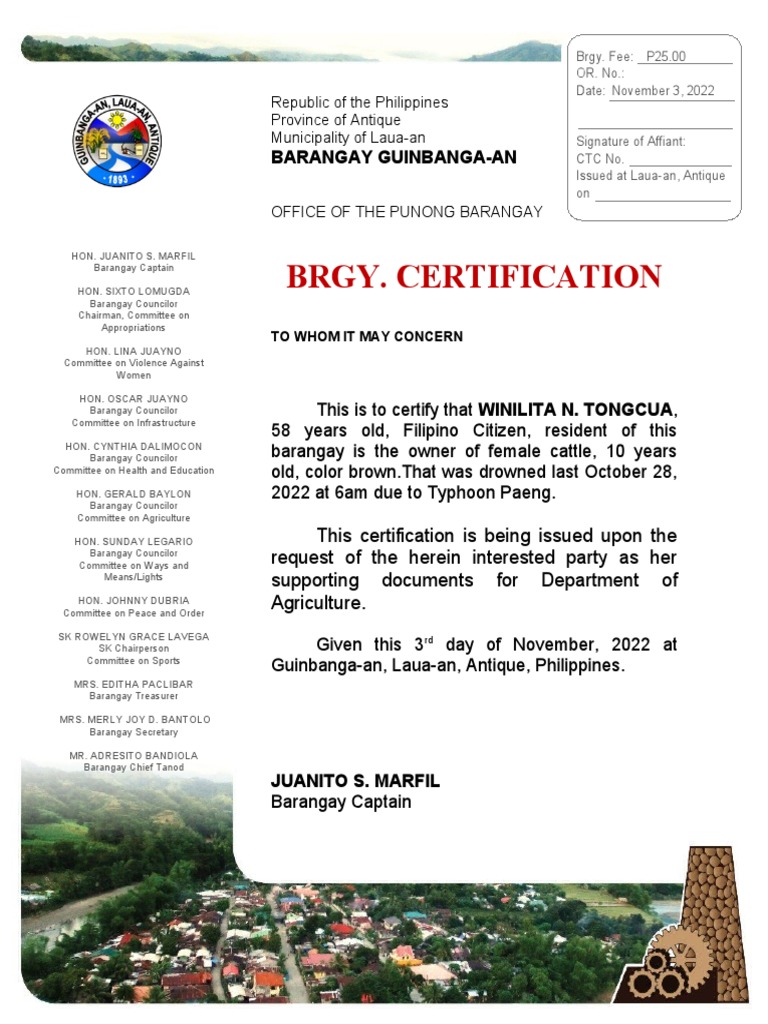 Barangay Certification for Typhoon Loss | PDF | Philippines