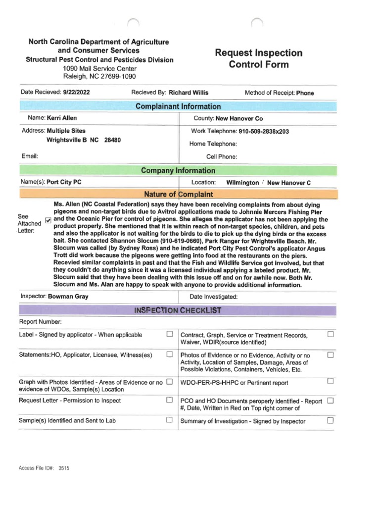 A Request Inspection Control Form From Kerri Allen About Birds Dying ...