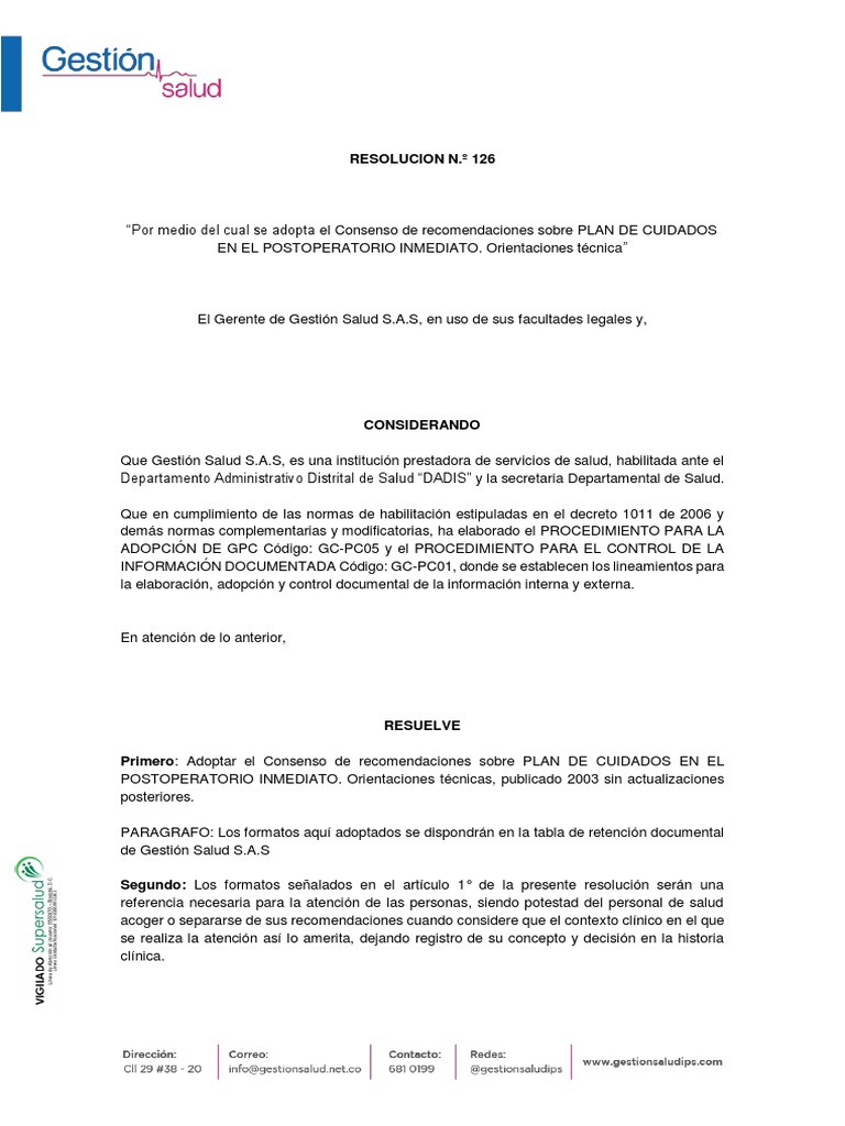 Acta Res126 Plan de Cuidados en El Postoperatorio Inmediato | PDF