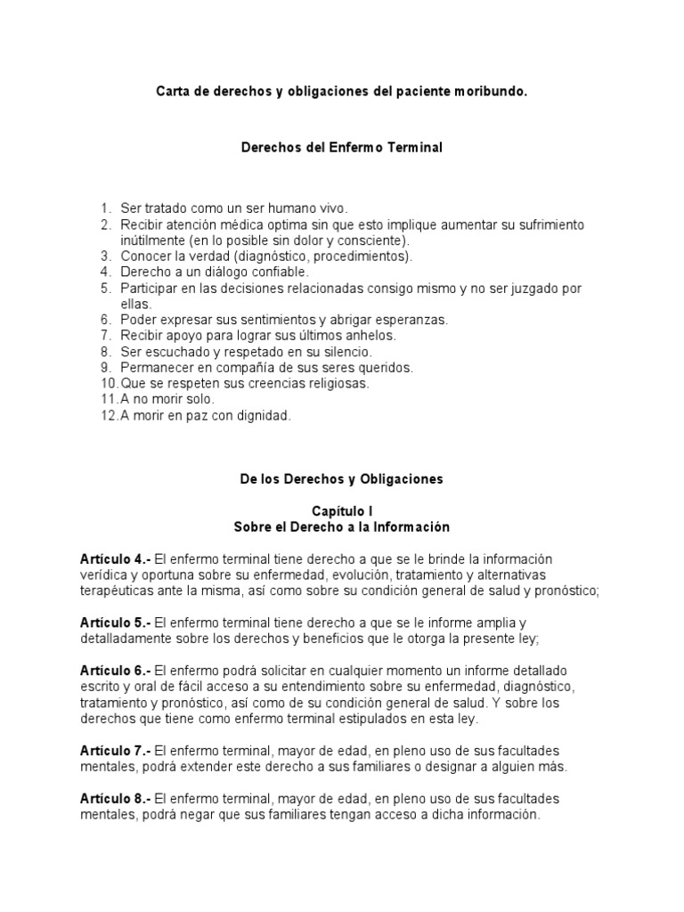 Carta de Derechos y Obligaciones Del Paciente Moribundo | PDF ...