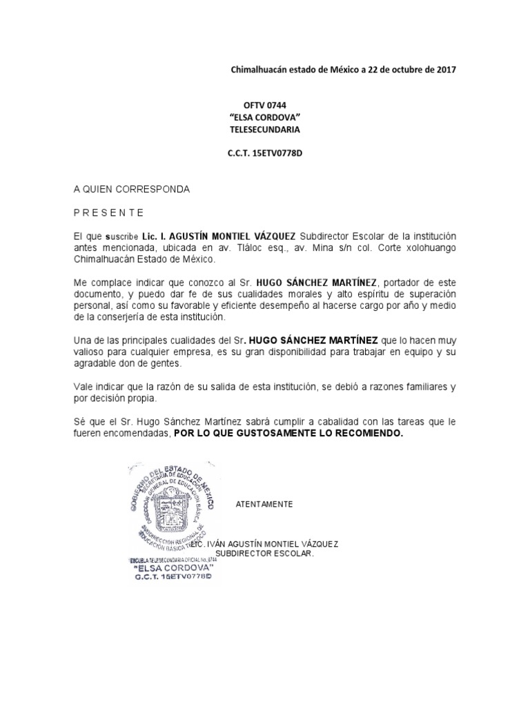 Carta De Intencion Para Consejero Escolar