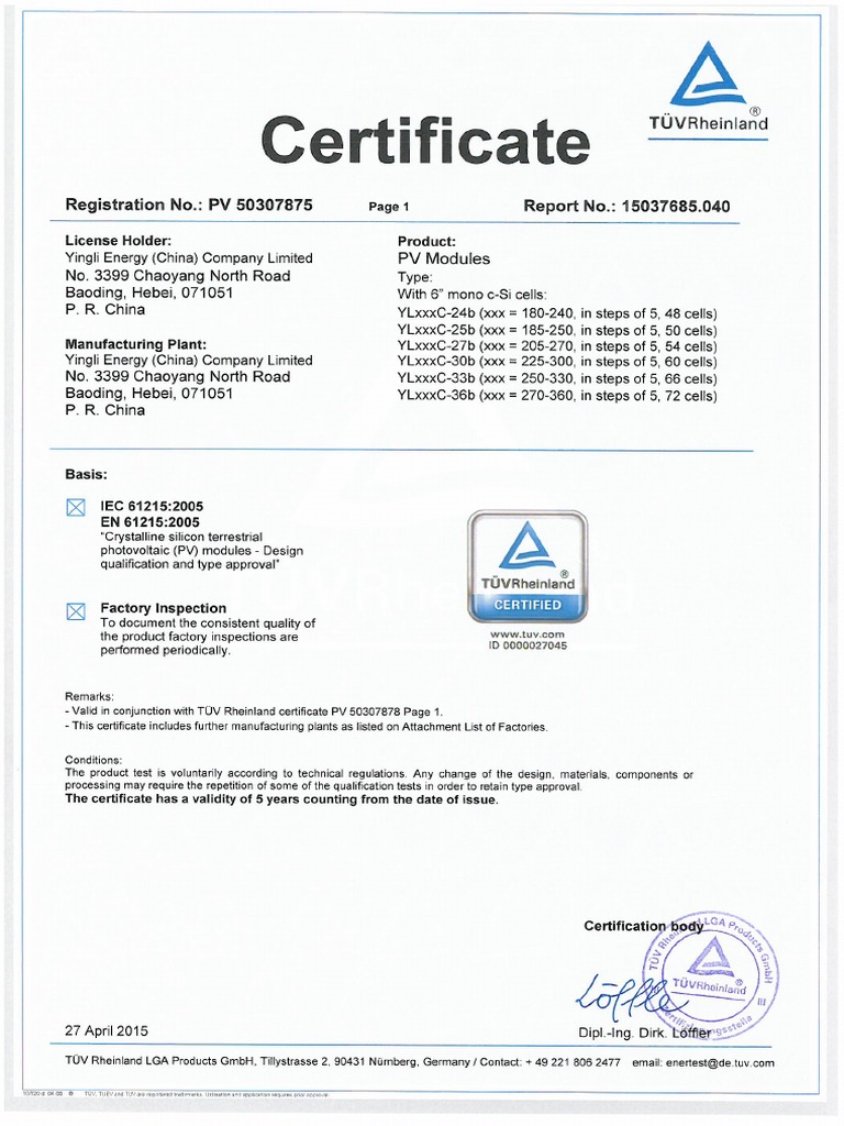 1.9certificate - PV 50307875 - Panda - IEC 61215 | PDF