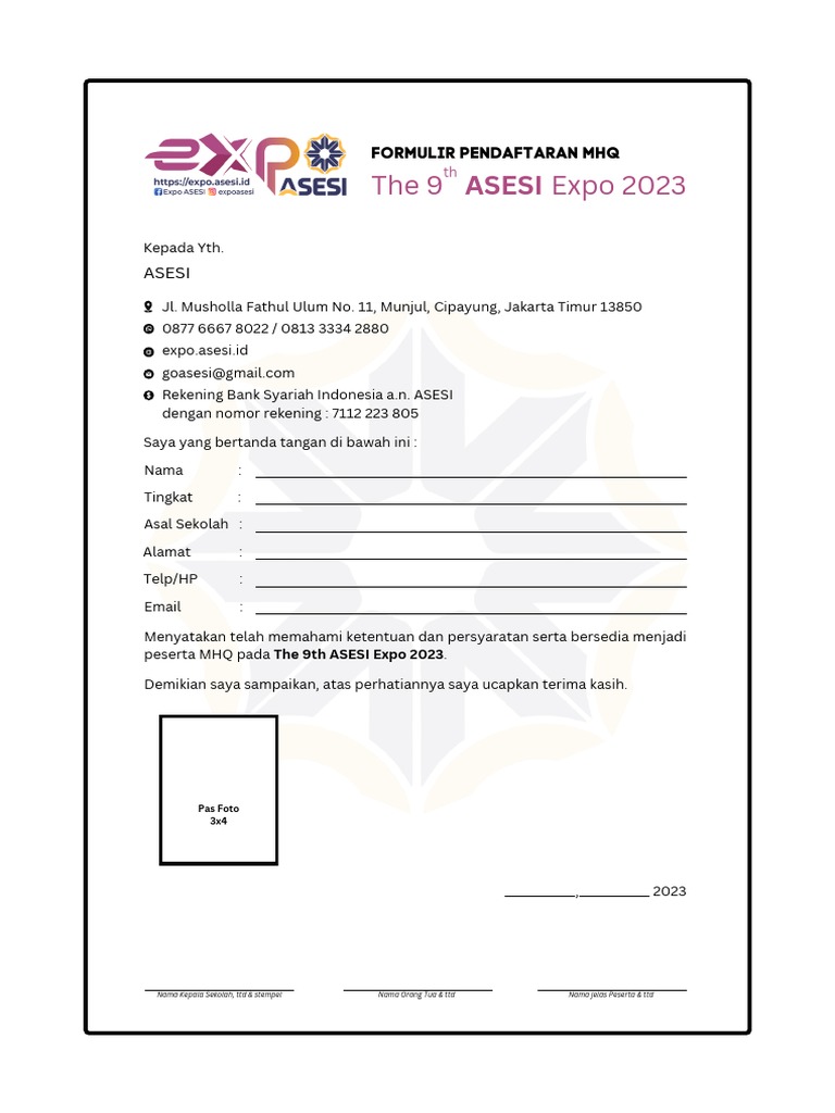 Formulir Pendaftaran MHQ 9th Expo ASESI 2023 | PDF | Karier & Perkembangan