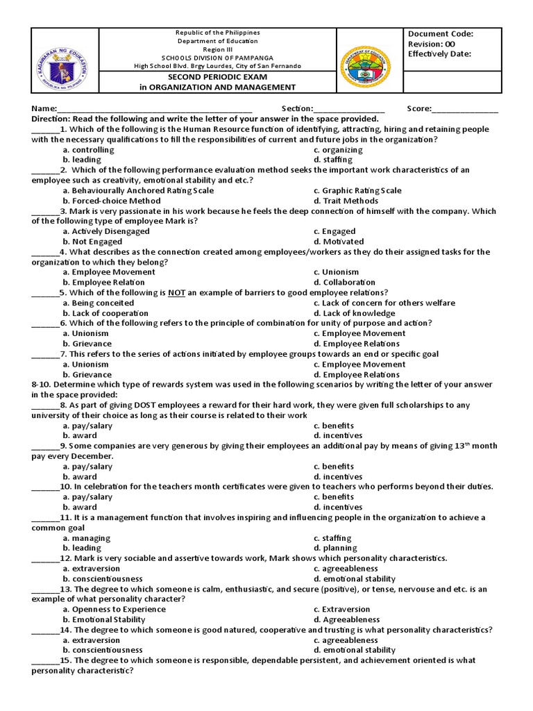 Organization and Management 2nd Quarter Exam | PDF | Leadership ...