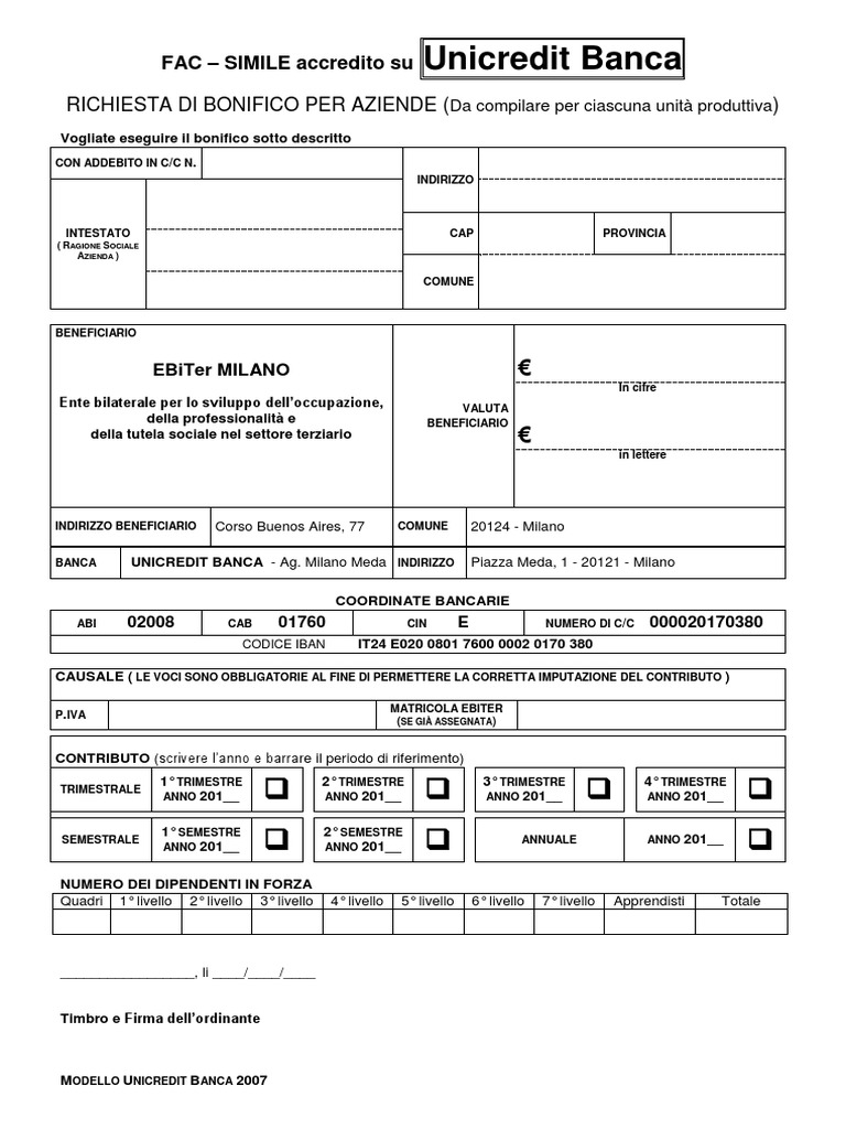 FAC SIMILE Bonifico Aziende Unicredit | PDF