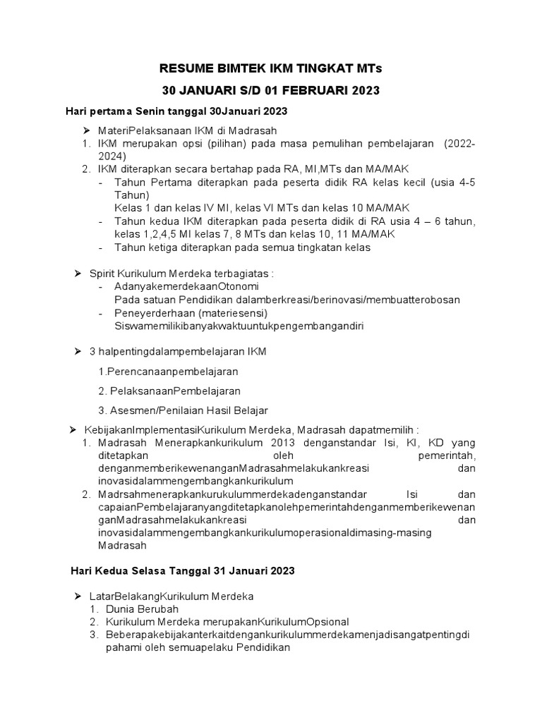 RESUME BIMTEK IKM TINGKAT MTs | PDF | Karier & Perkembangan | Sains ...