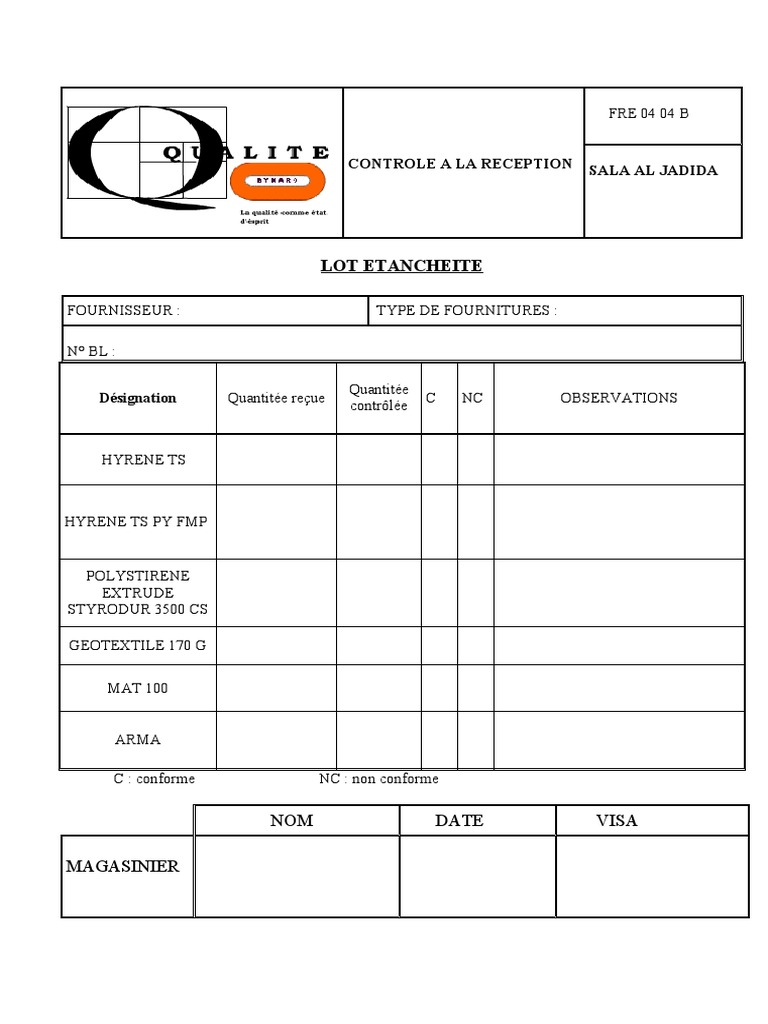 Fiche Controle A La Reception | PDF