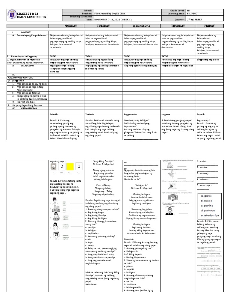 DLL - Filipino 3 - Q2 - W1 | PDF