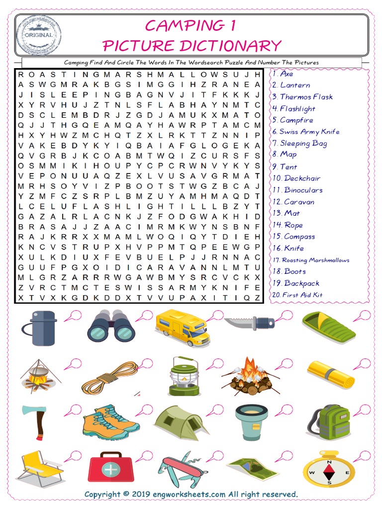 Camping Find and Circle The Words in The Wordsearch Puzzle and Number ...