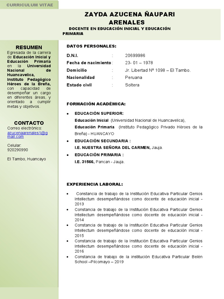 Curriculum Zayda Azucena Ñaupari | PDF | Educación de la primera infancia | Etapas educativas