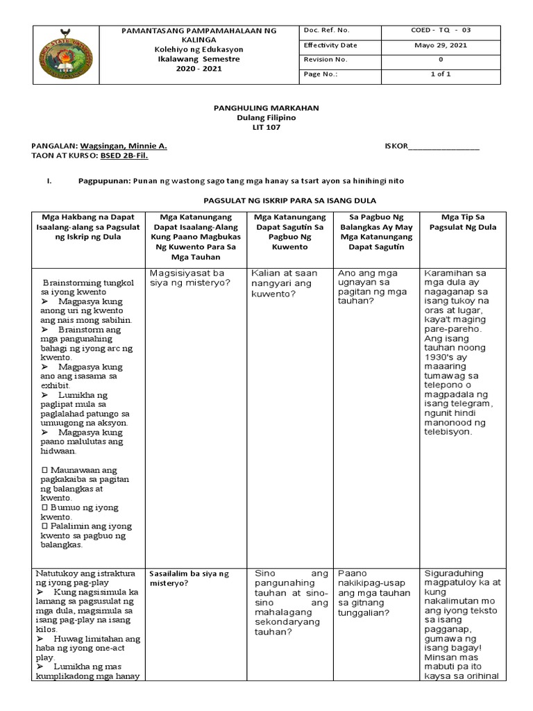 DULANG FILIPINO- EXAM | PDF