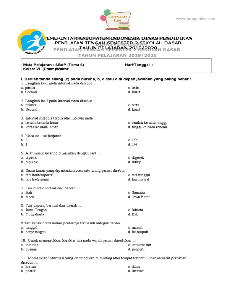 Soal Tematik Kelas 6 Tema 6 Mapel SBDP | PDF