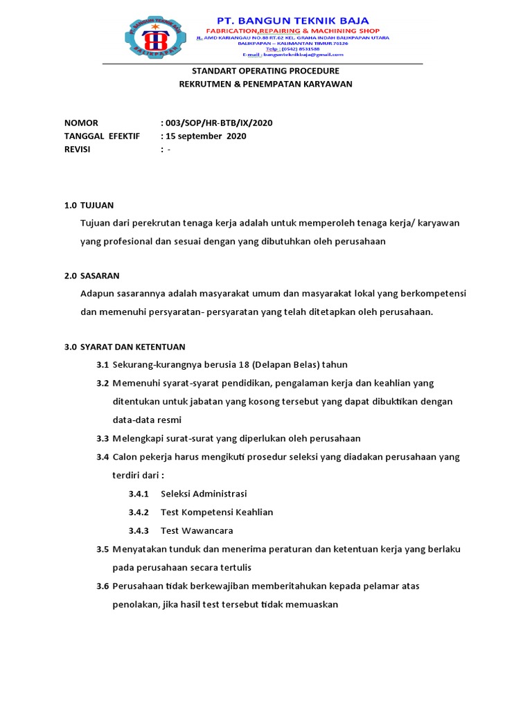 Sop - Rekrutmen & Penempatan Karyawan | PDF