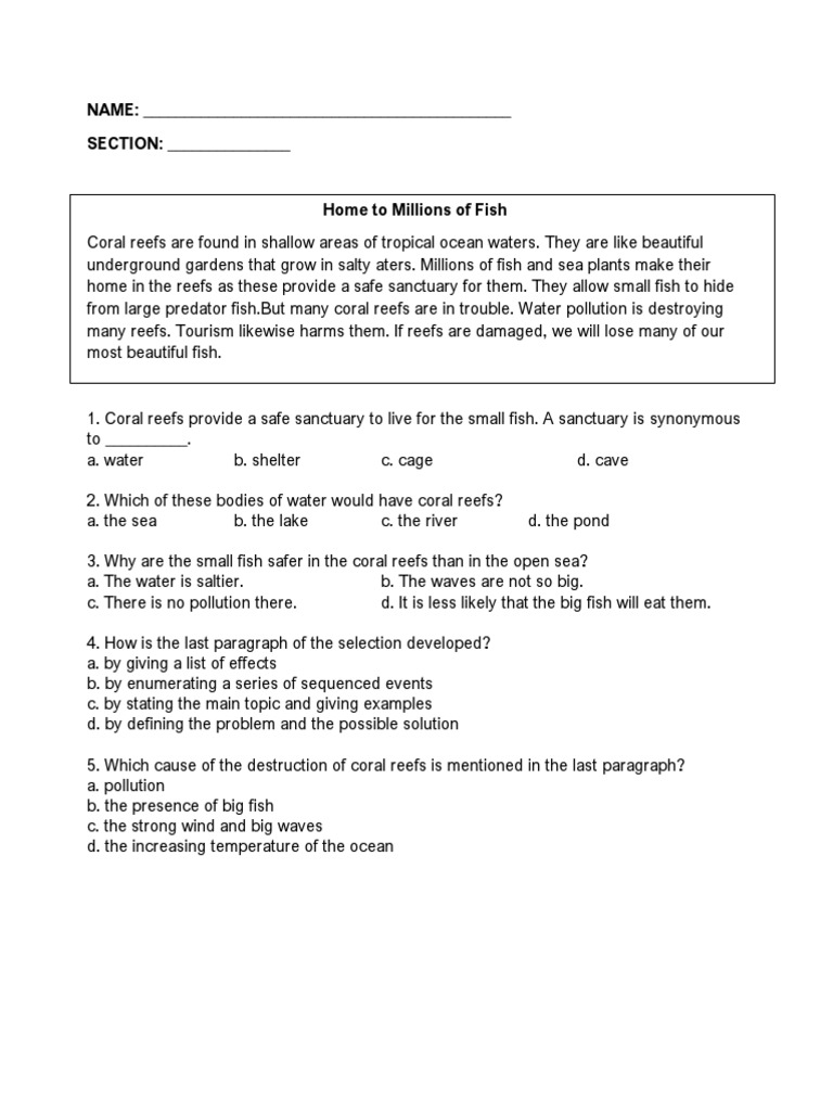 Reading Compre | Download Free PDF | Coral Reef | Sea