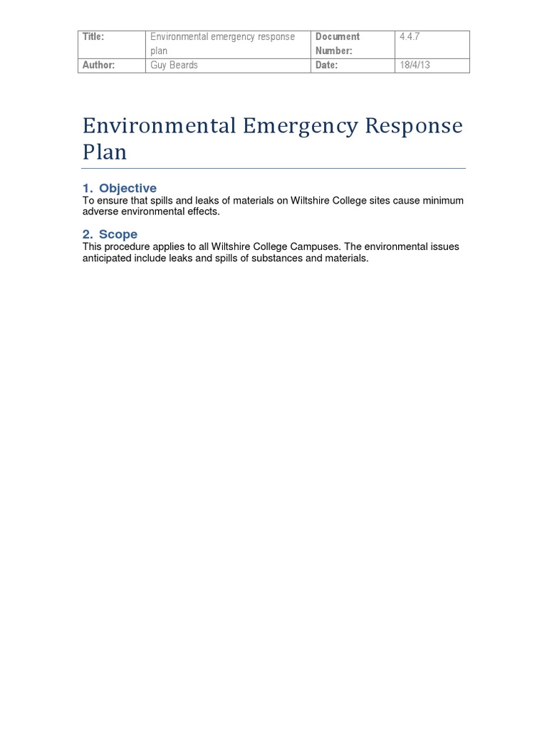 Environmental Emergency Response Plan Template | PDF