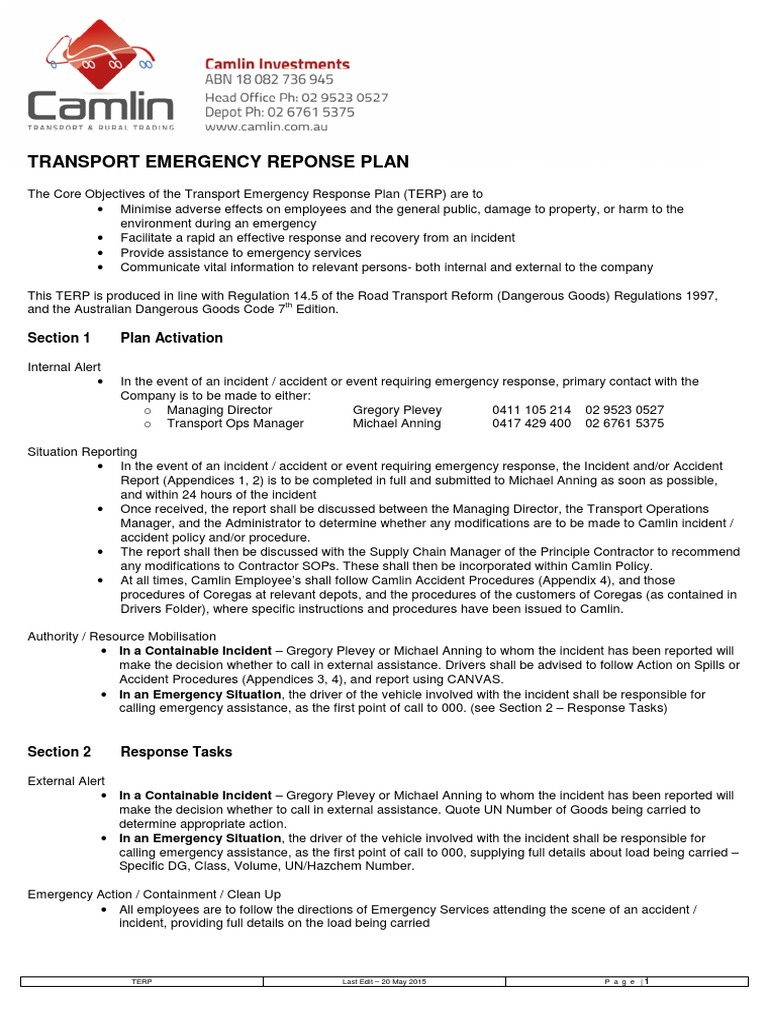 Transport Emergency Response Plan Template | PDF | Emergency ...