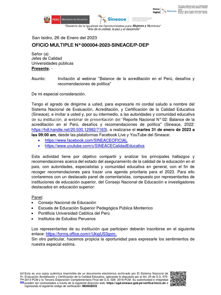 OFICIO MULTIPLE-000004-2023-SINEACE-P-DEP INVITACION AL WEBINAR BALANCE ACREDITACION EN EL PERU ...