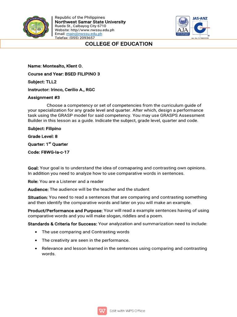 GRASP Model Performance Task in Filipino | PDF