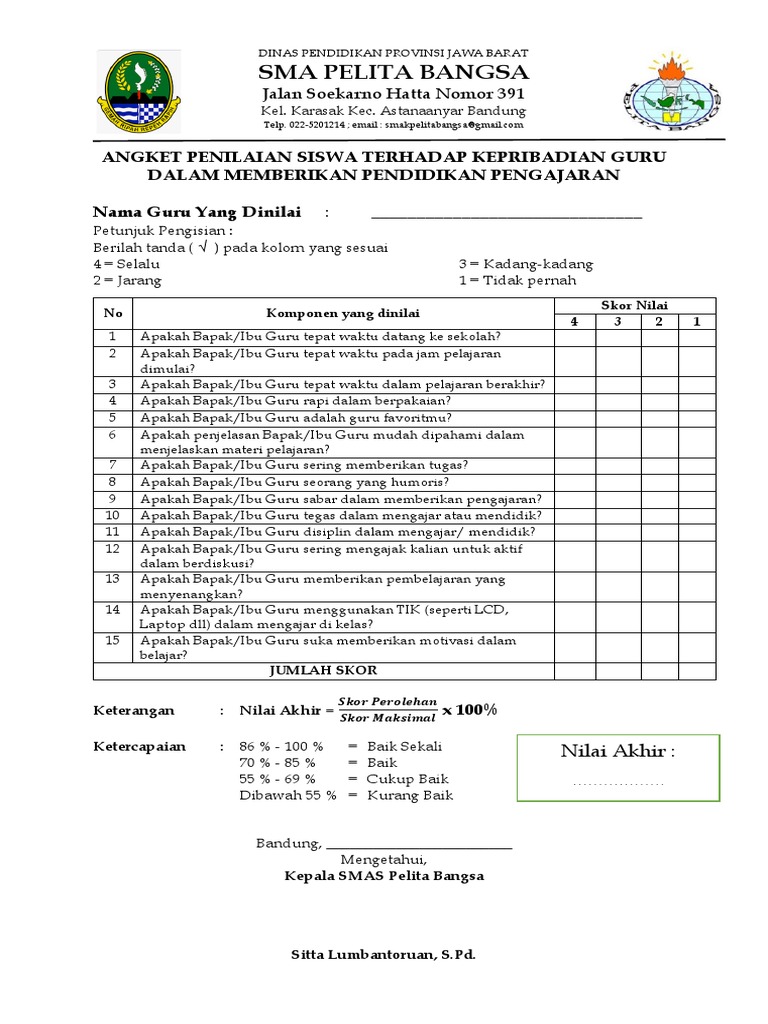 Angket Penilaian Siswa Terhadap Guru | PDF Angket Penilaian Siswa Terhadap Guru | PDF