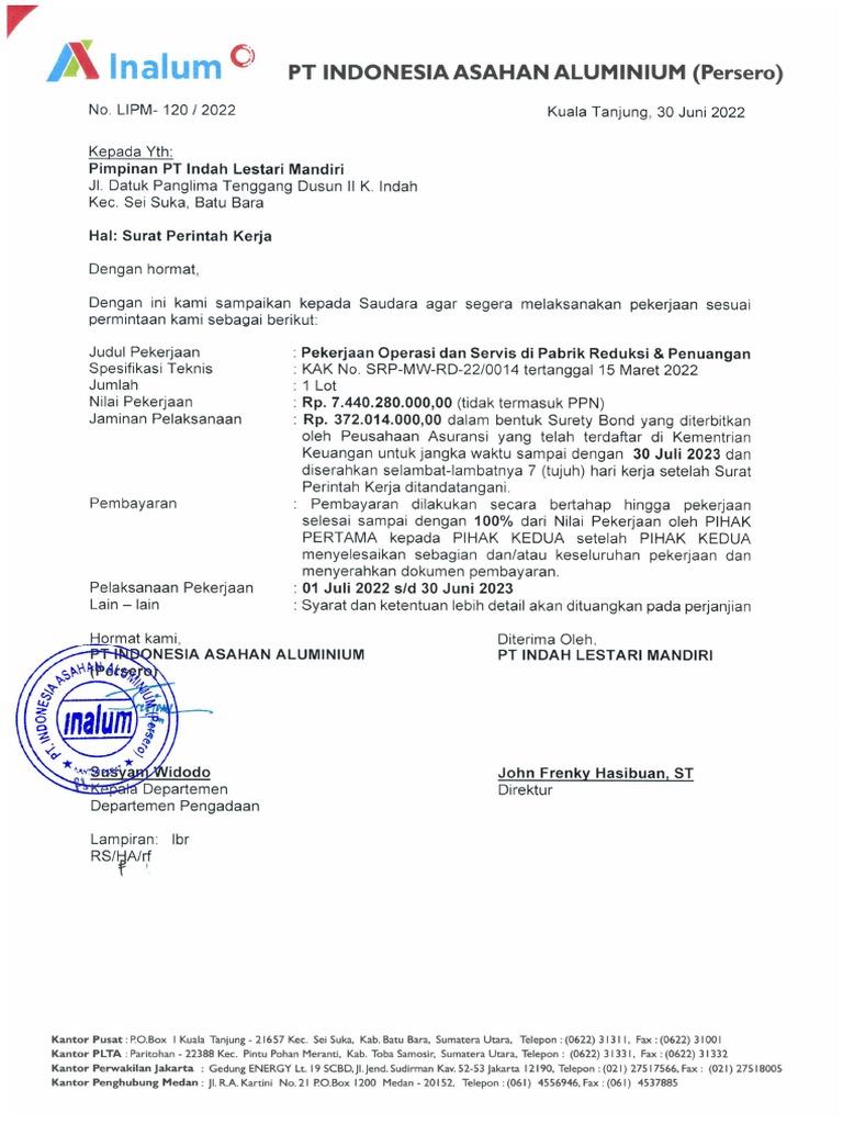 SPk Pekerjaan Operasi Dan Servis Di Pabrik Reduksi & Penuangan | PDF