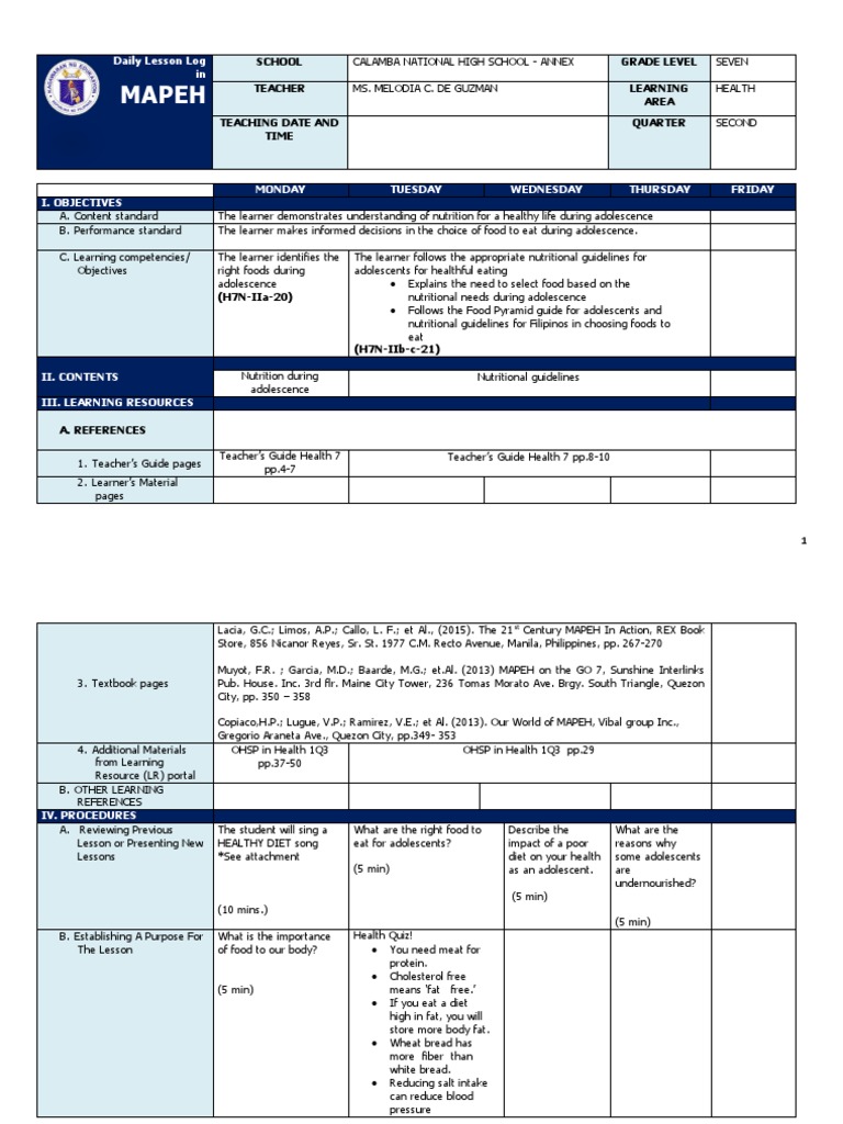 Grade 7 Health: Nutrition Lessons | PDF | Cafeteria | Diet (Nutrition)