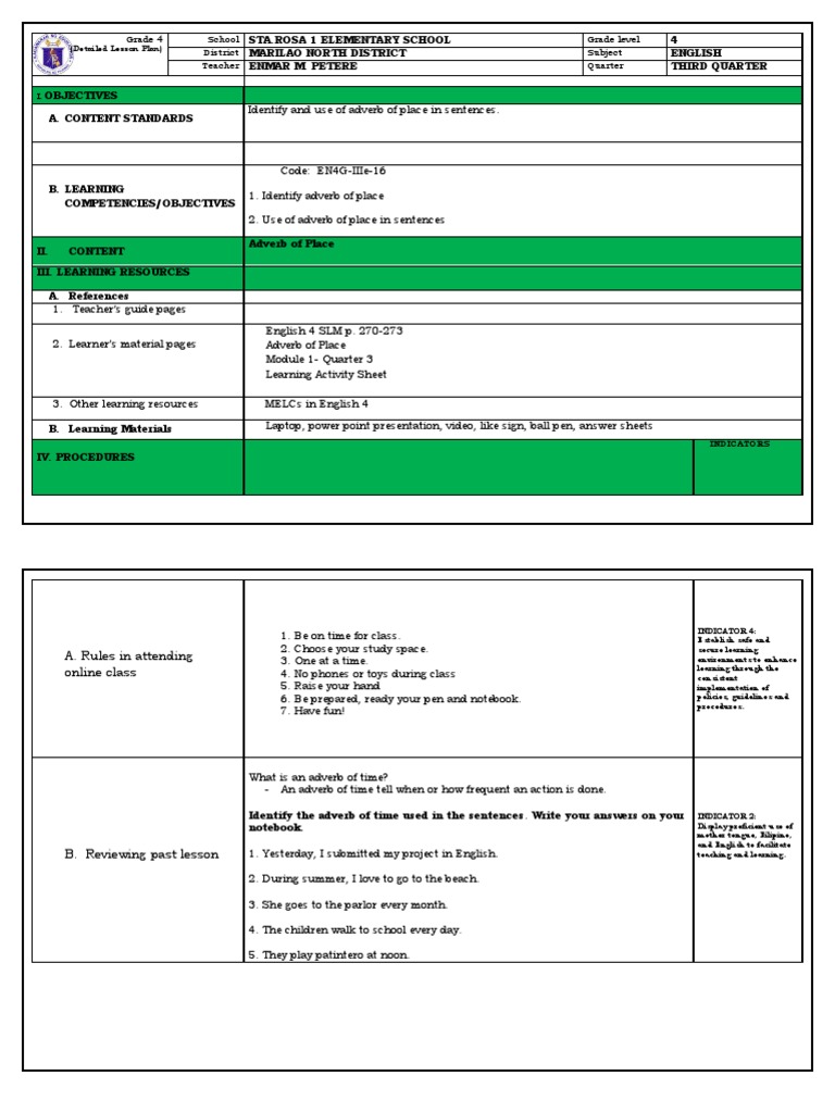 COT - 3rd Quarter - Adverb of Place - Petere | PDF | Learning | Teachers