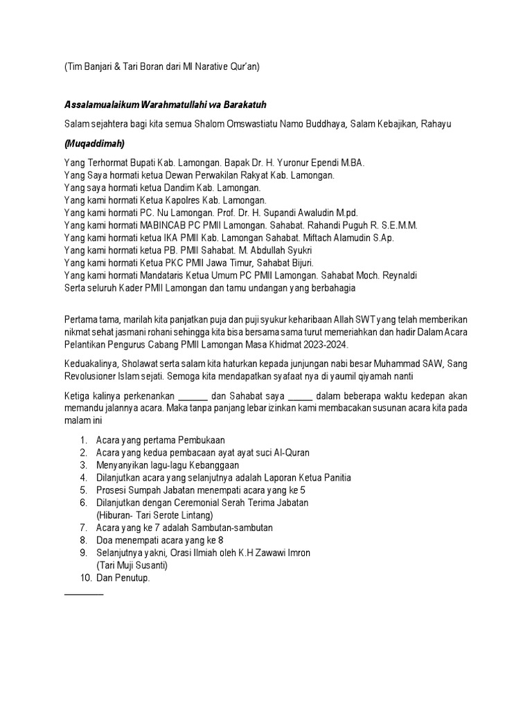 Teks MC Pelantikan PC Pmii Lamongan 23 | PDF