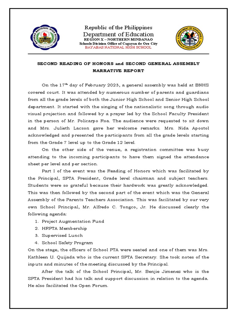 BNHS Honors and PTA Assembly Report | PDF