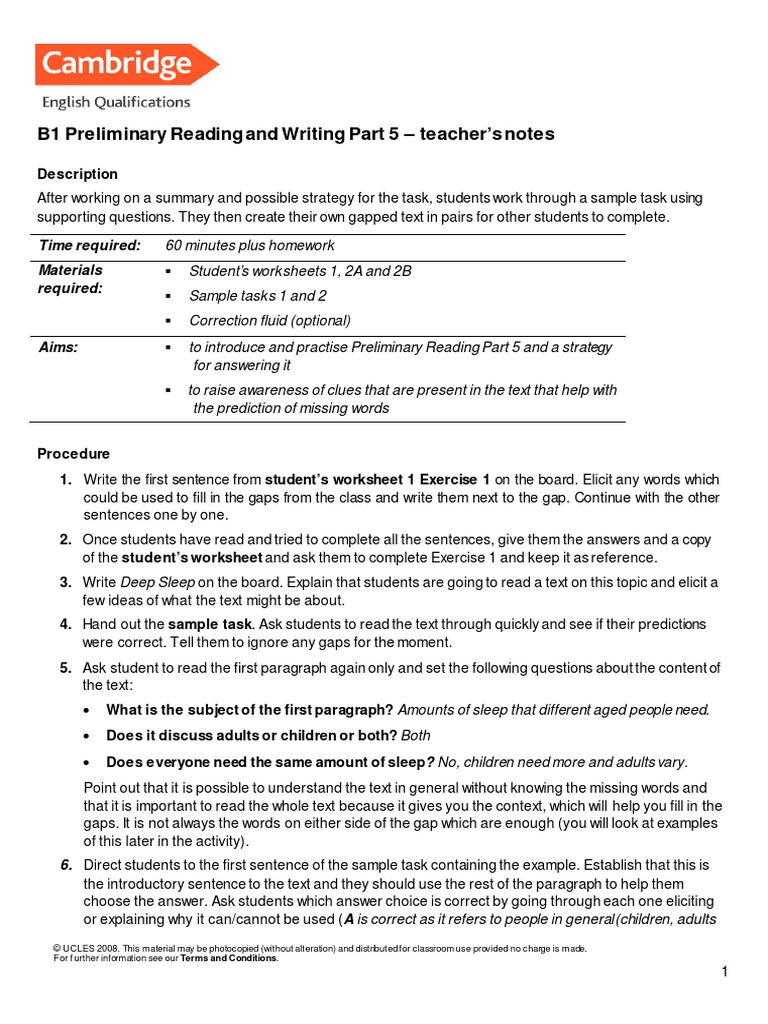 Cambridge English b1 Preliminary Reading and Writing Part 5 | PDF ...
