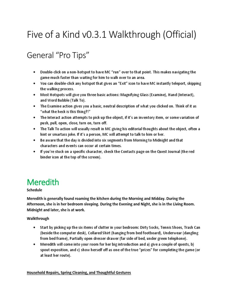 Five of A Kind v0.3.1 Walkthrough | PDF | Bedroom