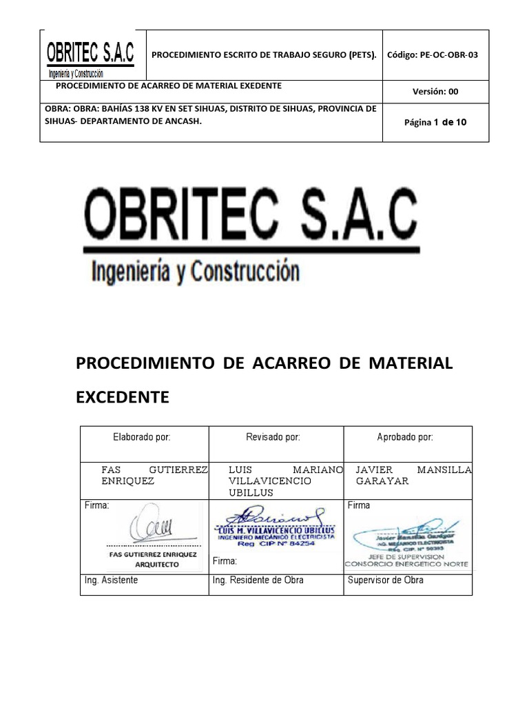 Procedimiento de Acarreo de Material Excedente | PDF