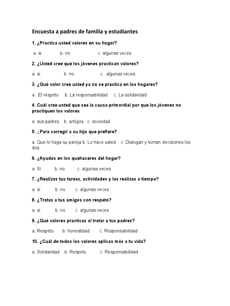 Encuesta A Padres de Familia y Estudiantes. | PDF