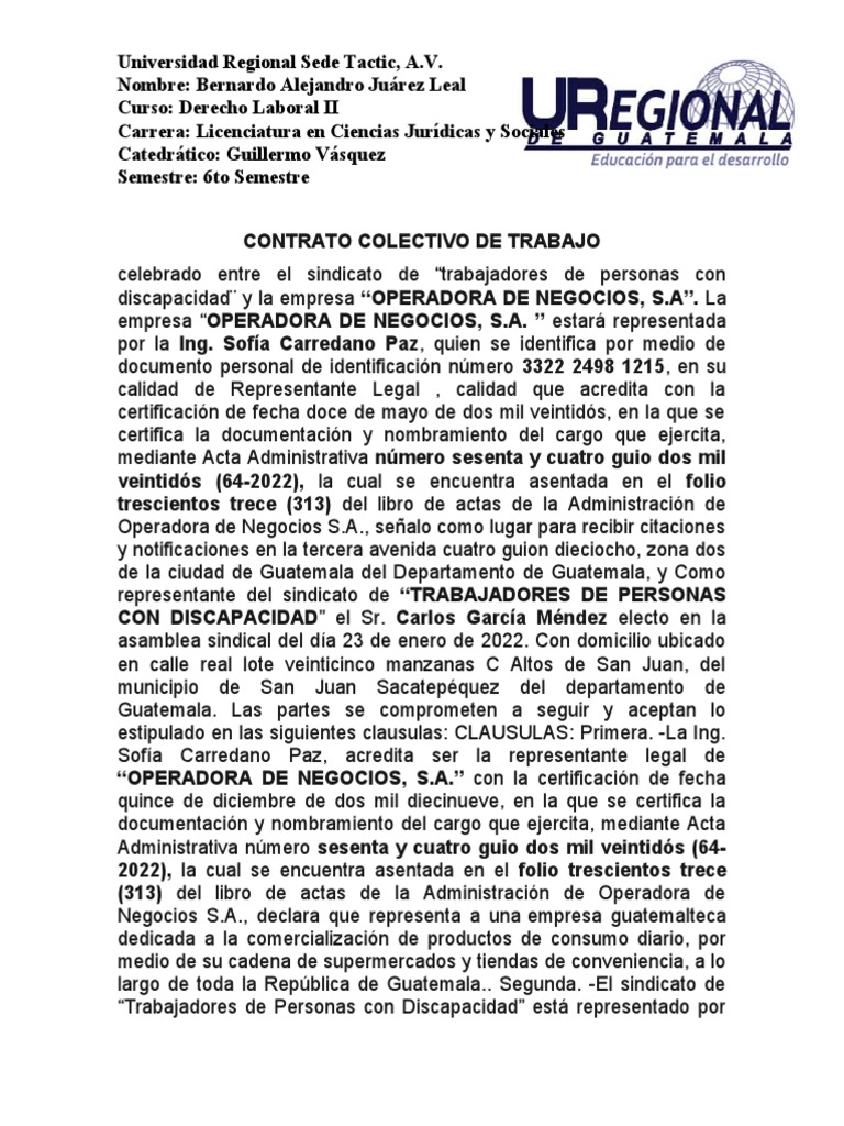 Contrato Colectivo de Trabajo | PDF | Sindicato | Derecho laboral