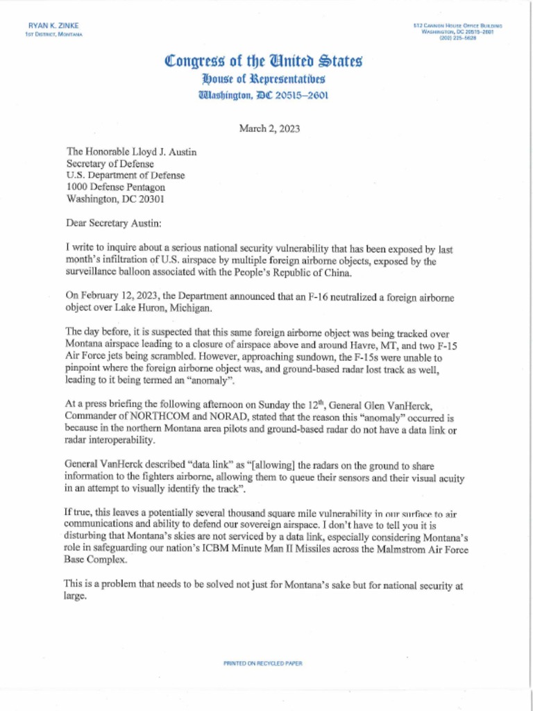 2023.03.02 - Letter To Sec Austin - Datalink MT - Final - SIGNED | PDF