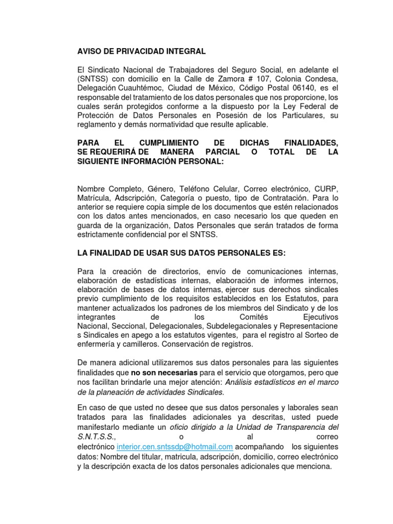 Aviso de Privacidad | PDF | Privacidad de la información | Privacidad