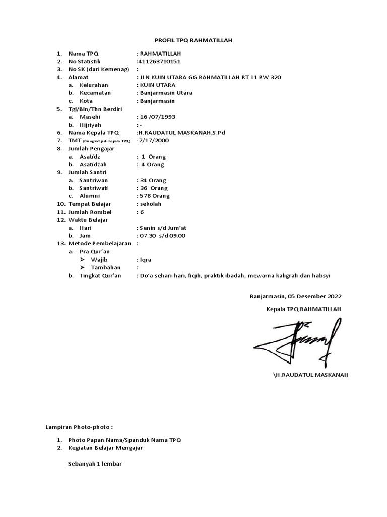 Profil TPQ Rahmatillah Perbaikan | PDF