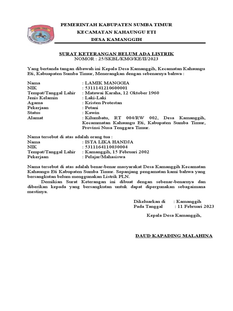 Surat Keterangan Belum Ada Listrik | PDF