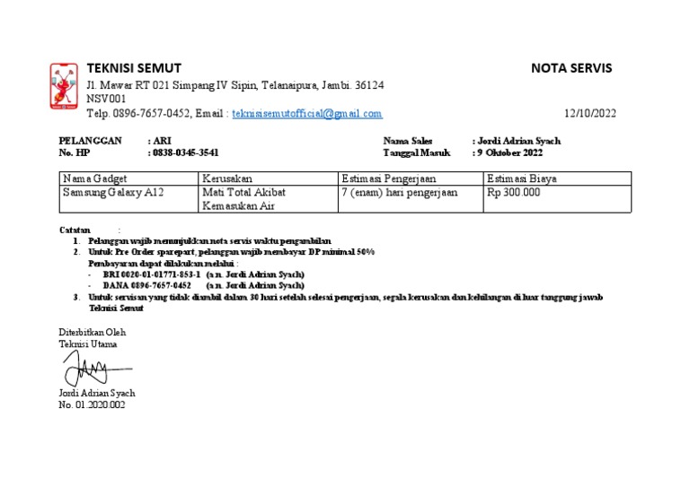 Nota Servis Ari | PDF | Teknologi & Rekayasa