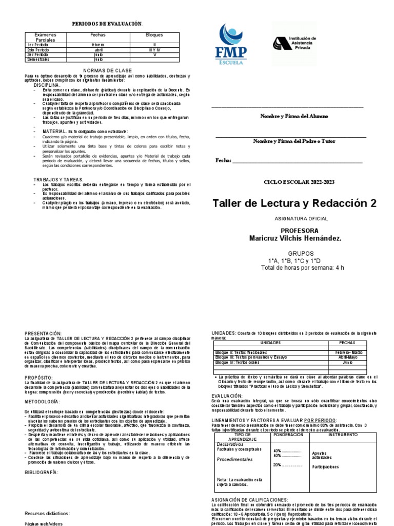 Diptico Taller Lectura Redaccion2 22-23 | PDF | Evaluación | Bibliografía