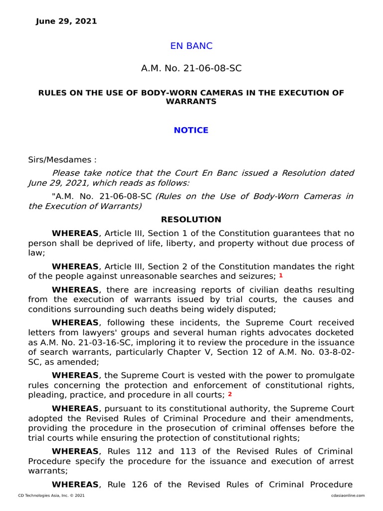 Rules On The Use of Body-Worn Cameras in The Execution of Warrants ...