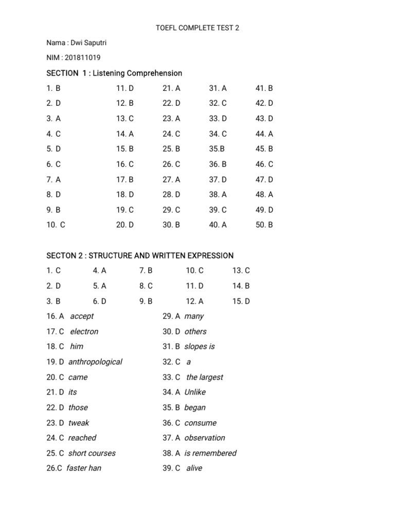 TOEFL Complete Test Answers 2 | PDF | Standardized Tests
