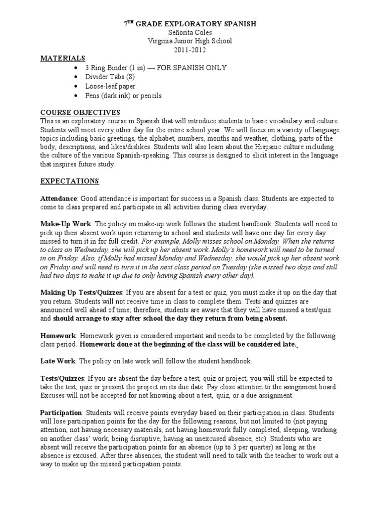 7th Grade Spanish Overview | PDF